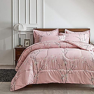 AIKASY Bed in a Bag 6 Pieces Twin Size - Floral Print - Soft Microfiber, Reversible Bed Comforter Set (1 Comforter, 2 Pillow Shams, 1 Flat Sheet, 1 Fitted Sheet, 1 Pillowcases)（Pink, Twin）
