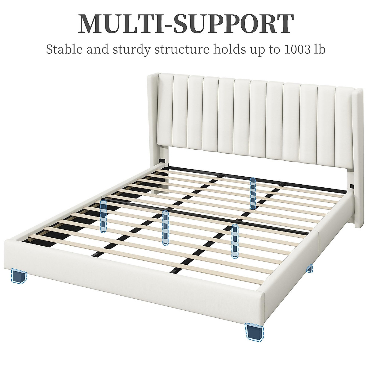 Yaheetech King Bed Frame Upholstered Platform Bed with Fabric Headboard, Wing Edge Design/Non-Slip and Noise-Free/Wooden Slats Support/No Box Spring Needed/Easy Assembly, Beige King Bed