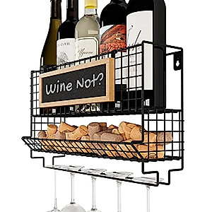 Wall35 Cork Wine Rack Wall Mounted, Wall Wine Bottle Holder with Wine Glass Rack, Wall Mount Wine Holder with Wine Cork Holder, Wall Wine Rack for Wine Bottles and Wine Glass Storage, Black, Metal