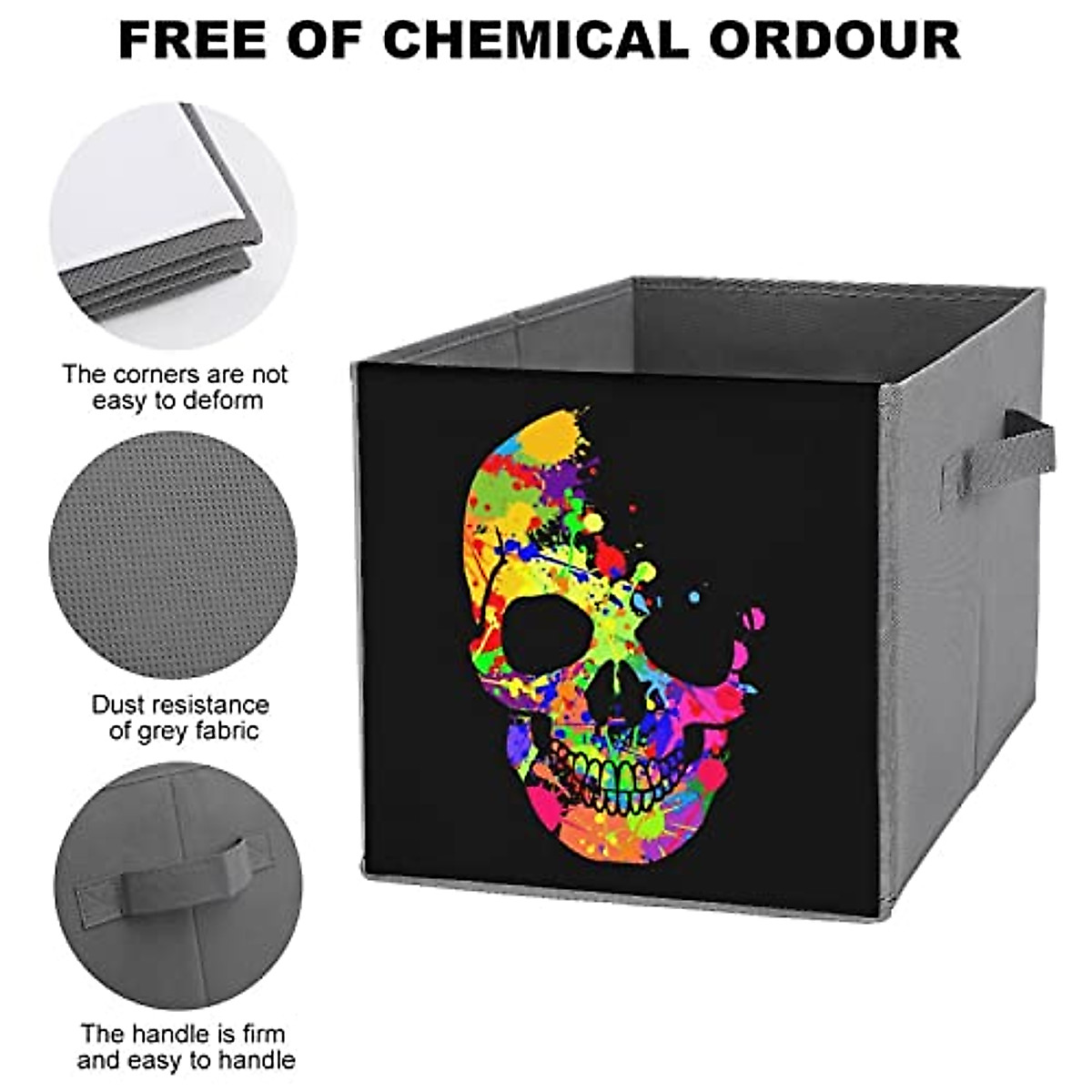 Colorful Skull Foldable Storage Bins Printd Fabric Cube Baskets Boxes with Handles for Clothes Toys, 11x11x11