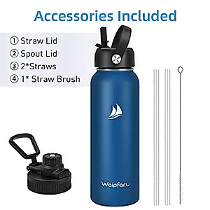 Waipfaru Insulated Water Bottle 40oz, Stainless Steel Water Bottles with Straw Lid, Metal Sports Water Bottle Keep Cold & Hot, Double Wall Vacuum Wide Mouth Sweat-proof for Sports Travel, Navy Blue