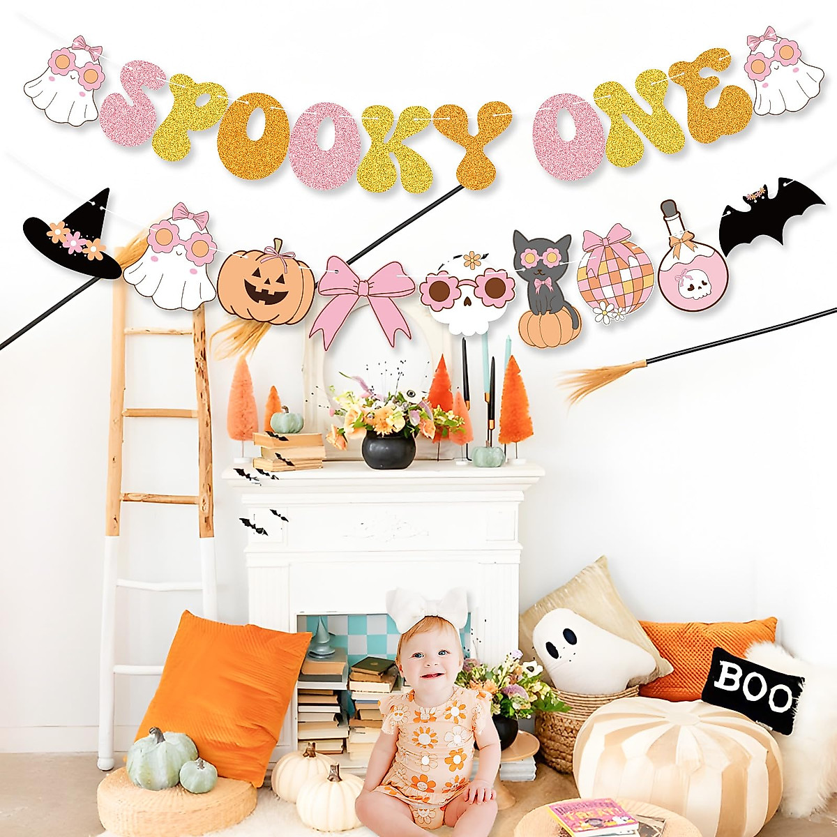 Groovy Spooky One Birthday Decorations Girl, Glitter Spooky One Banner, Pink Hippie Halloween 1st Birthday Party Decorations, Retro Groovy Coquette Halloween First Birthday Party Supplies