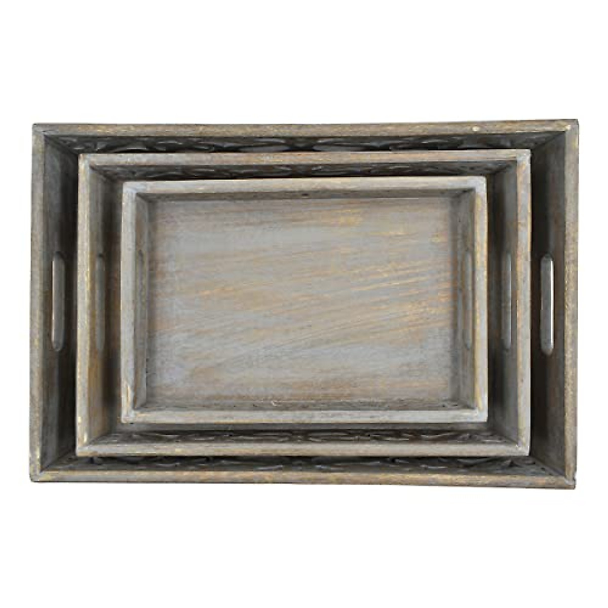 STORE INDYA Vintage Rustic Wooden Serving Trays with Handle - Set of 3 - Large, Medium and Small - Nesting Multipurpose Trays
