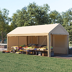Wilrex Carport, 10x20ft Heavy Duty Carport with Removable Sidewalls & Doors, Portable Garage for Auto, Boat Market stall, Car Tent Windows, Canopy Party Wedding, UV Resistant Tarp, Beige