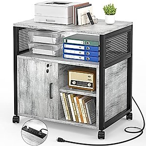 Unikito Rolling File Cabinet Lateral Office Filing Cabinets with Socket and USB Charging Port, Modern Printer Stand on Wheels Printer Cabinet with Door and Open Storage, Lockable, Black Oak
