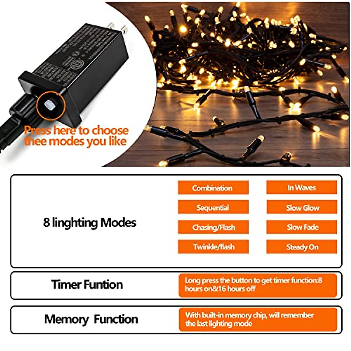 Upgraded 82FT 200 LED Christmas String Lights Outdoor/Indoor, Extendable Green Wire, Memory Function & Timer & 8 Modes, Waterproof Fairy String Lights for Xmas Tree Holiday Party Garden (Warm White)