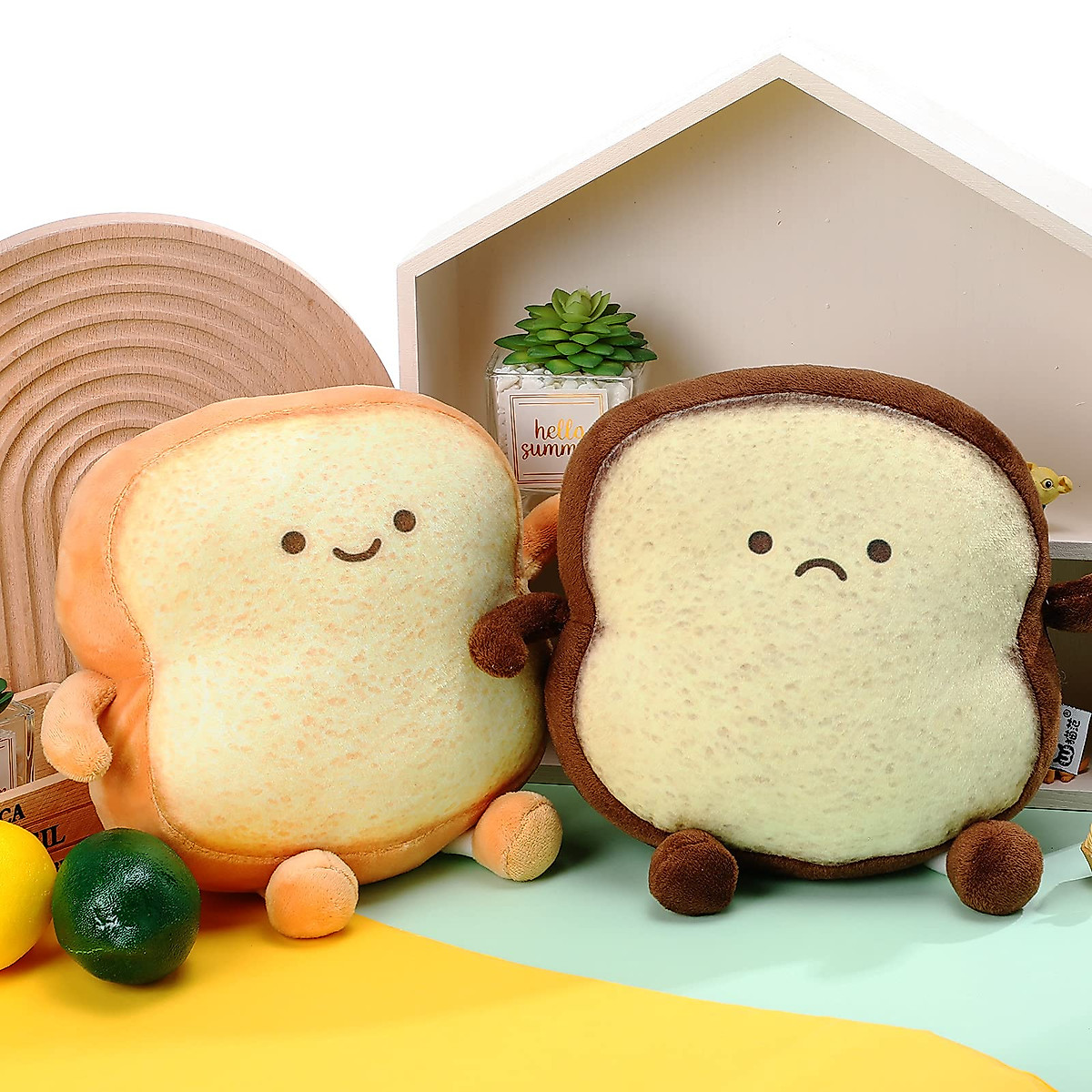 2 Pieces Toast Bread Pillows Bread Shape Pillows 2 Styles Funny Food Bread Pillow Facial Expression Stuffed Plush Toast Sofa Pillow Food Cushion Stuffed Toy for Kids Adults Home Room Decor