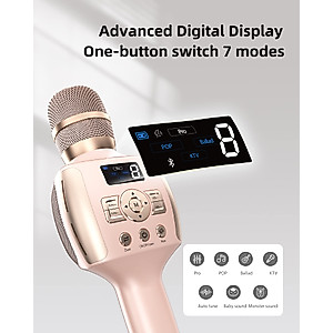MEINIAO Karaoke Microphone with Digital Screen, Handheld Portable Bluetooth Microphone for Party, Karaoke, Music, & Recording All iOS Android Pc A2(Pink)
