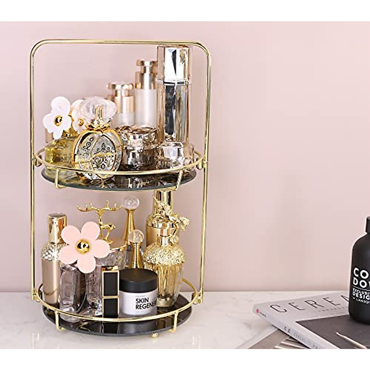 Z PLINRISE Makeup Organizer, 2 Tier Bathroom Cosmetic Storage Shelf for Dresser and Countertop, Decorative Round Vanity Organizer Basket with Marbling Glass Tray, Gold