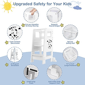 Kids Step Stool Toddler Learning Tower Solid Wood Kids Learning Stool, Kids' Standing Tower, Baby Standing Tower for Counter, Children Standing Stool - White