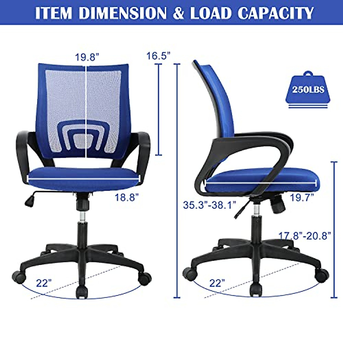 Home Office Chair Desk Chair Computer Chair with Lumbar Support& Armrest, Adjustable Ergonomic Mid Back Task Chair Mesh Rolling Swivel Office Desk Chairs for Bedrooms, Blue