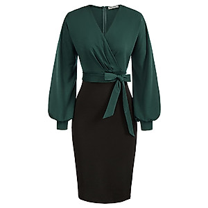 GRACE KARIN Bodycon Dresses for Women Wrap Batwing Sleeve Professional Work V Neck Dress Atrovirens-Black M