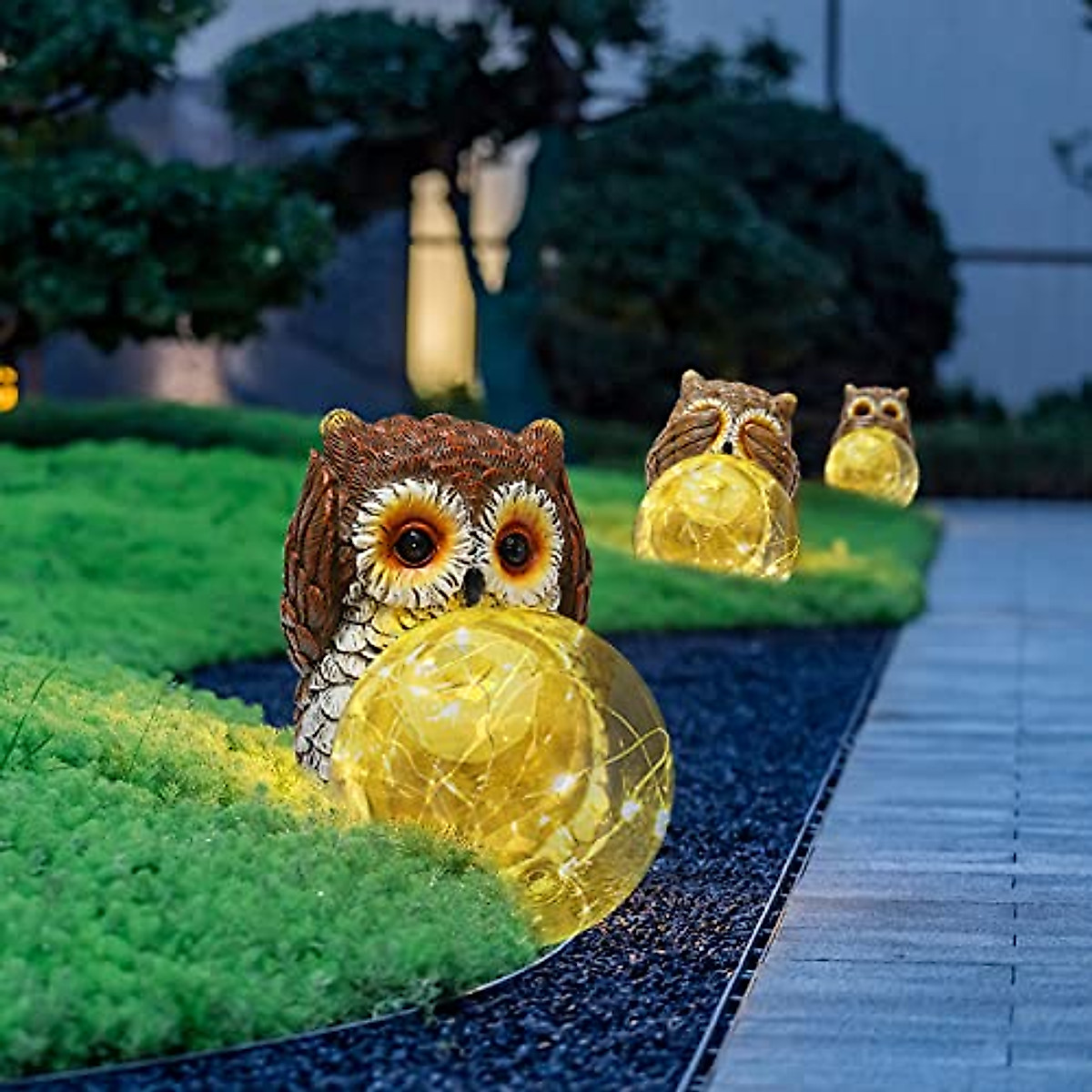 ANGMLN Owl Solar Lights Garden Outdoor, 3 Pack Solar Figurines Lights Decor Growing Orb Waterproof Cute Garden Statues for Patio Yard Lawn Clearance Ornaments