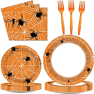 100 Pcs Halloween Spider Web Party Plates and Napkins Party Supplies Spiderweb Party Tableware Set Black and White Halloween Party Decorations Favors for Halloween Theme Party Serves 25