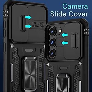 DEERLAMN Case for Samsung Galaxy S23 with Slide Camera Cover+Screen Protector(2 Packs), Rotated Ring Kickstand Military Grade Shockproof Protective Cover-Black