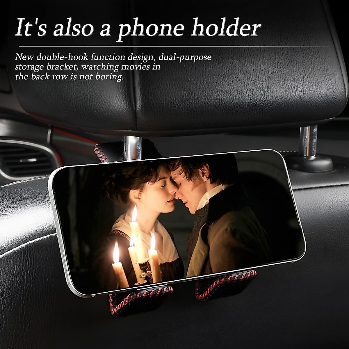 AUCELI Leather Car Seat Headrest Hook, 2 in 1 Auto Back Seat Hanger, 2 Pack Car Storage Holders, Vehicle Backseat Organizer for Purses Coats Umbrellas Bags, Universal Interior Accessories (Black/Red)