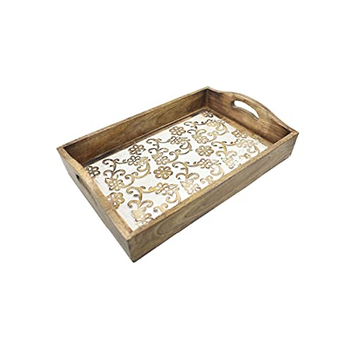 Hand Carved Wooden Breakfast Serving Tray with Handle for Breakfast Tea Snack Dessert | Kitchen Dining Serve-Ware Accessories | 15 x 10 Inches|2044