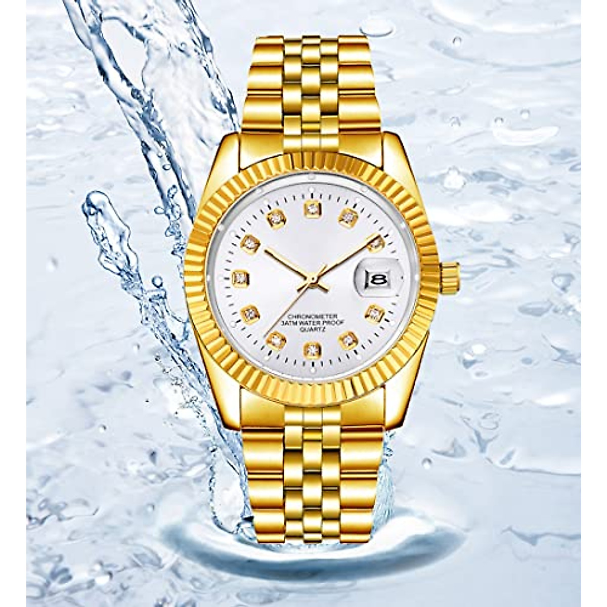 SENRUD Men's Fashion Classic Design Analog Quartz Watches Casual Business Stainless Steel Waterproof Date Wrist Watch Men (Gold White)