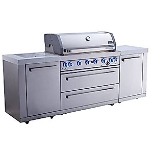 Mont Alpi MAi805 44-inch 6-Burner 115000 BTU Stainless Steel Gas Outdoor Kitchen Bar Barbecue Modular Island Grill w/ Infrared Side & Rear Burners + Granite Countertops + Storage Cabinets & Drawers