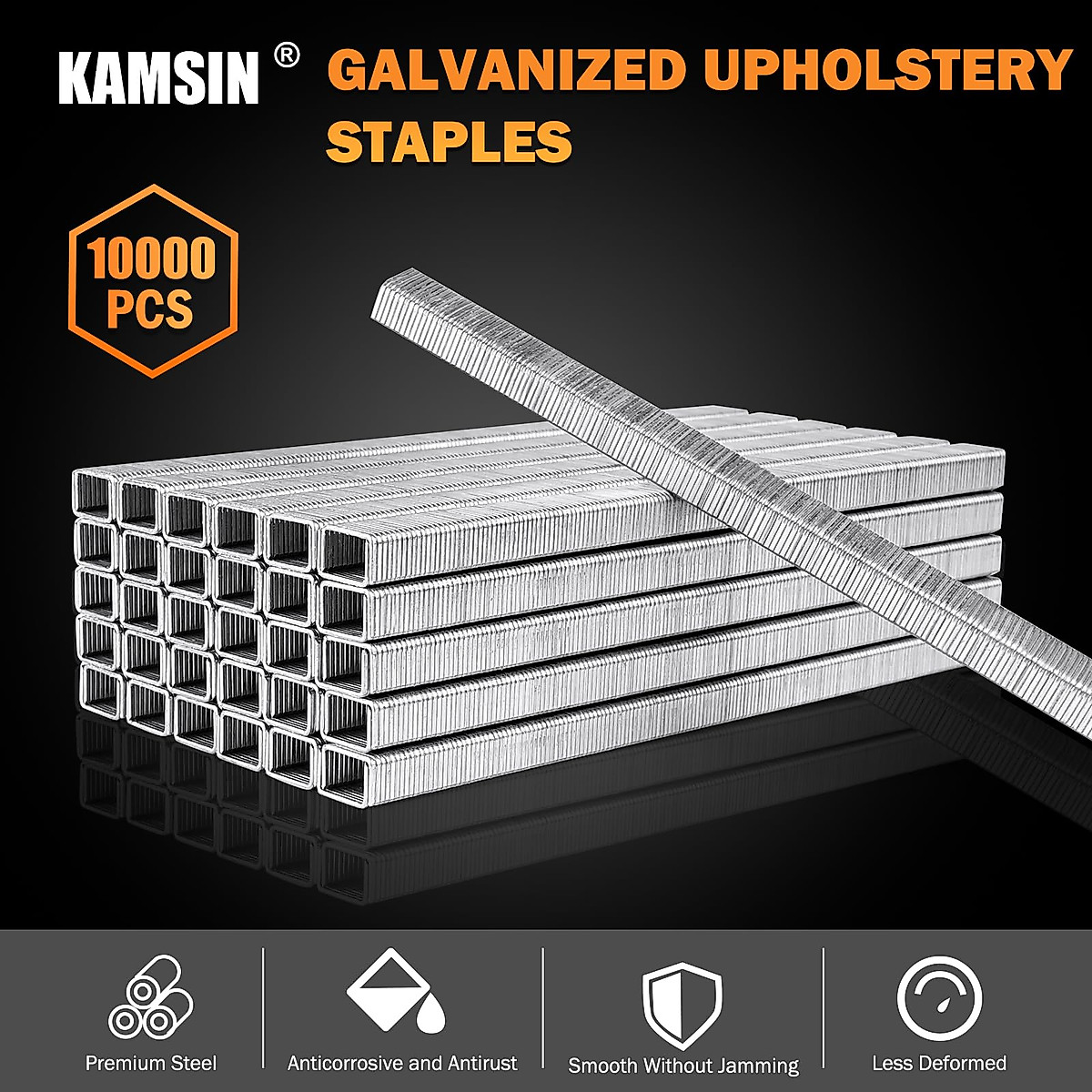 KAMSIN 71 Series 22 Gauge Galvanized Fine Wire Staples, 3/8-Inch(9mm) Crown 1/4-Inch(6mm) Leg Length Upholstery Staples for Fabric, Upholstering, Furniture, Cabinet (10,000 per Box)