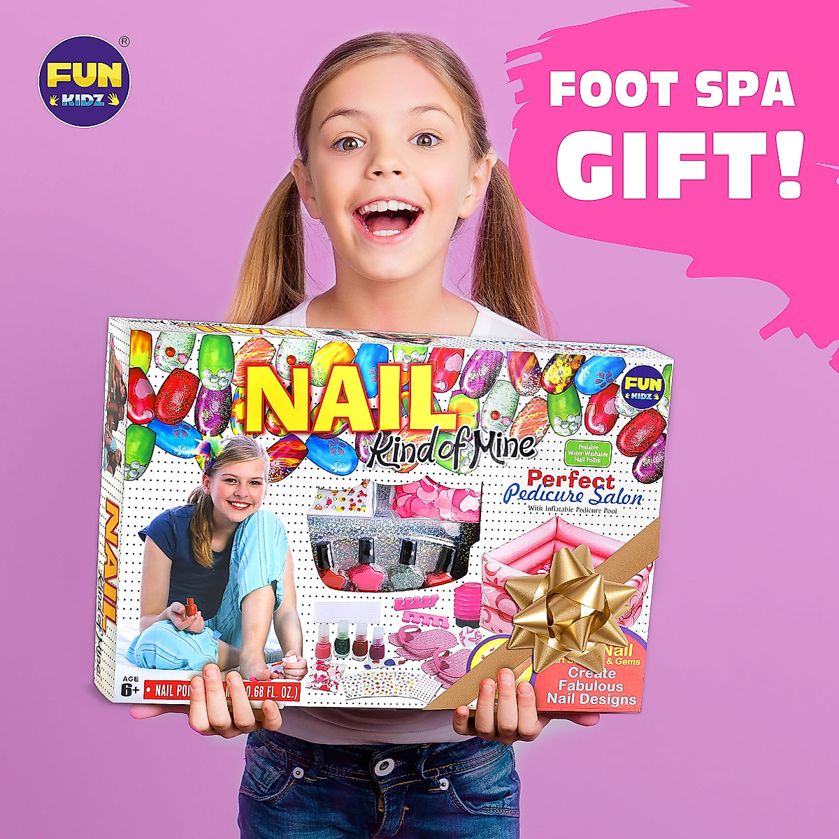 Kid Foot Spa Kit, Funkidz Pedicure Set for Girls Size 17.91Wx12.4L Box Includes Bigger Inflatable Durable Foot Tub Inflator Pump Peelable Nail Polish Supplies of Sleepover Slumber Party Kit