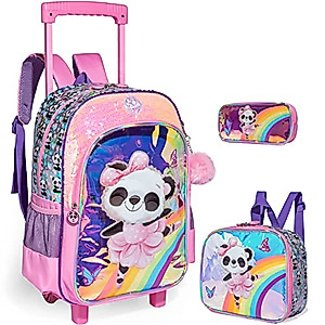 ZBAOGTW Panda Rolling Backpack for Girls with Lunch Box Kids Backpack with Wheels for School Sequin Trolley Trip Luggage Rolling Backpack for Kindergarten Girls Elementary School