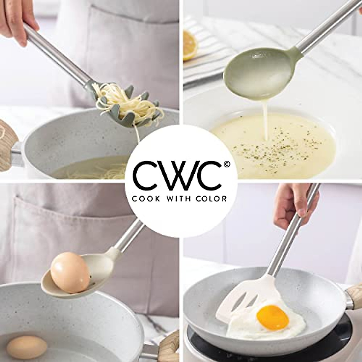 COOK WITH COLOR Silicone Cooking Utensils, Kitchen Utensil Set, Easy to Clean Silicone Kitchen Utensils, Cooking Utensils for Nonstick Cookware, Kitchen Gadgets Set, 5 Pieces, Green