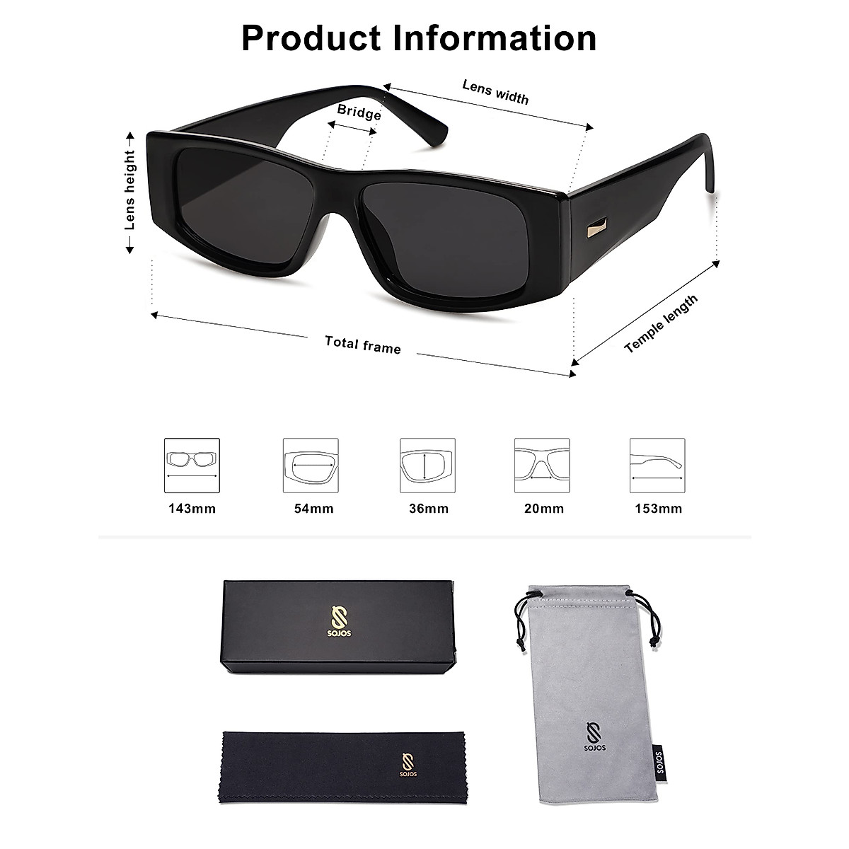SOJOS Trendy Y2K Polarized Rectangle Sunglasses for Women Men Retro Designer Rave Sunglasses SJ2228, Black/Grey