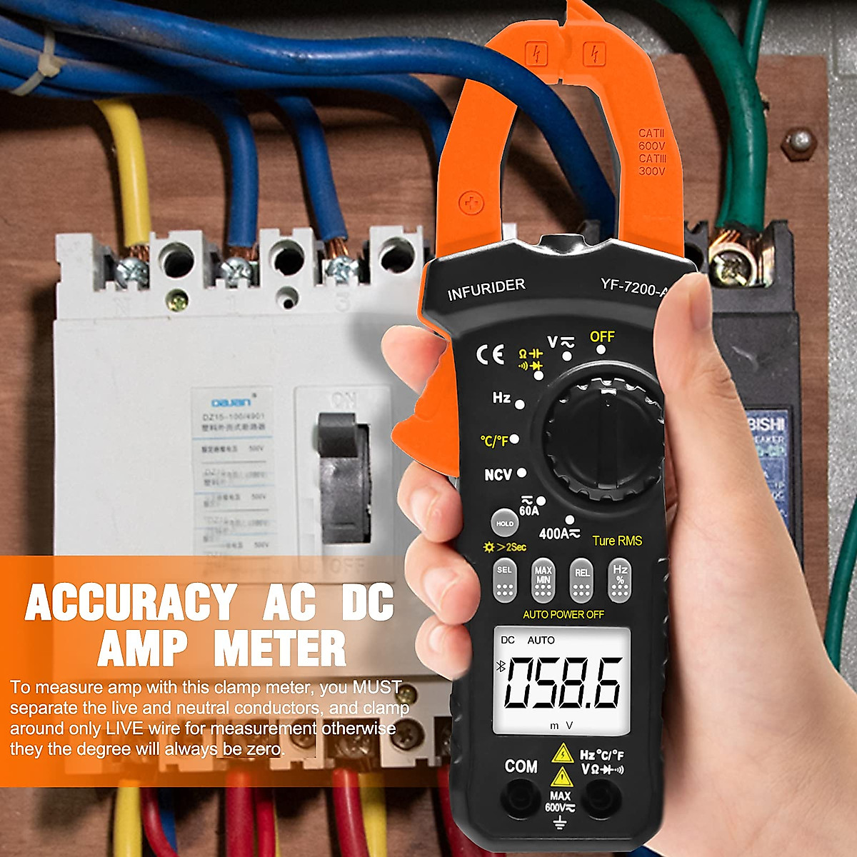 Wireless Bluetooth Clamp Meter, INFURIDER YF-7200APP 6000 Counts Auto-Ranging Digital Voltmeter Ammeter Measures DC AC Volt Amp Ohm Clamp on Multimeter with Capacitance,Temp,Diode Tester