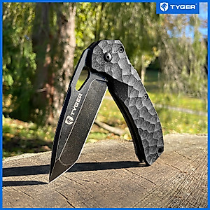 Tyger K4 EDC Folding Pocket Knife | Stone-washed AUS-8 Steel Blade with Black Titanium Ion Carbide Coating | Black G-10 Handle | TG-KF7A2858