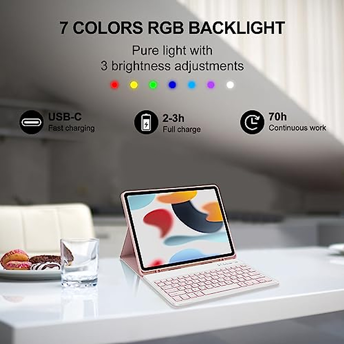 SENGBIRCH Keyboard Case for iPad Air 13 inch (M2) 2024, iPad Pro 12.9 inch 6th, 5th, 4th, 3rd Generation(2022~2018), 7 Colors Backlit (Light Pink)