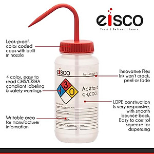 EISCO Wash Bottle for Acetone, 500ml - Labeled with Color Coded Chemical & Safety Information (4 Colors) - Wide Mouth, Self Venting, Low Density Polyethylene Labs