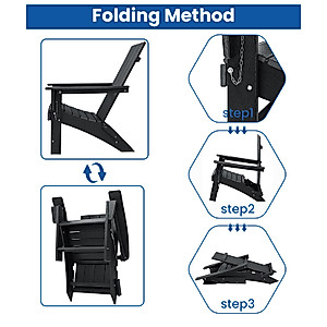 Folding Adirondack Chair with Ottoman Weather Resistant Foldable Fire Pit Chairs with Footrest HDPE Outdoor Adirondack Chair for Patio Front Porch Pool Garden Deck Fire Pit Outside, Black