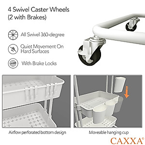CAXXA 3-Tier Rolling Storage Organizer with 3 Small Baskets - Mobile Utility Cart with Caster Wheels (White)