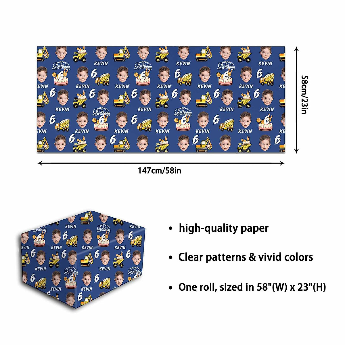 Jaydouble Custom Birthday Wrapping Paper with Name Personalized Wrapping Paper for Kids Boys Girls Construction Truck Gift Wrap Paper for Baby Shower Birthday Party Holiday 1Roll