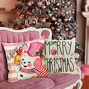 Christmas Pillow Covers 18x18 Set of 4 Pink Christmas Decorations Throw Pillow Case Stripes Santa Snowman Snowflake Winter Holiday Home Decor Cushion for Sofa Couch