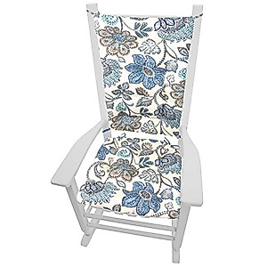 Boutique Blue Floral Porch Rocker Cushions - Extra-Large - Indoor - Outdoor, Fade Resistant, Weather Resistant - Latex Foam Fill Rocking Chair Seat Cushion & Backrest Pad Set - ( Blue - White )