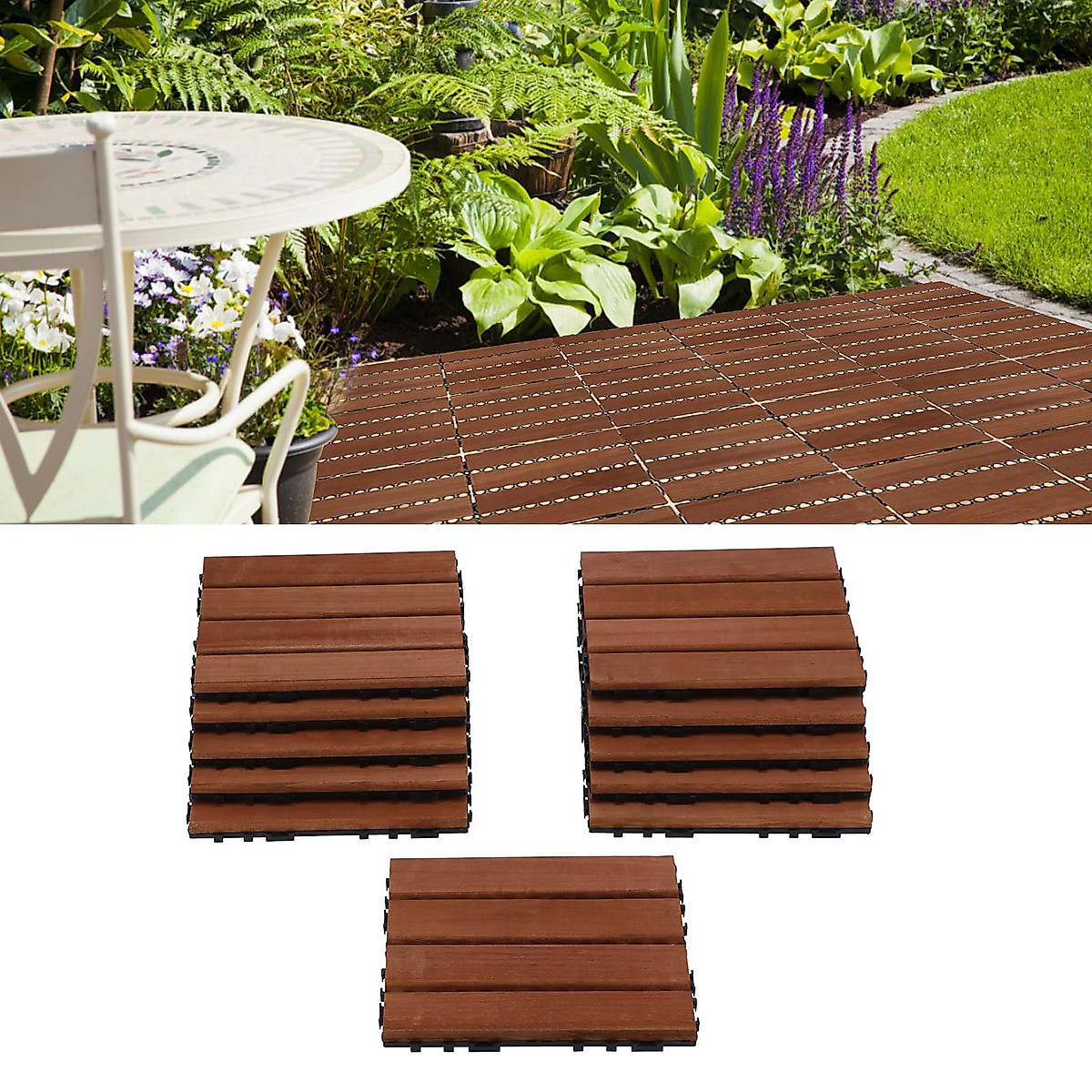 Interlocking Deck Tiles, 11Pcs Wood Flooring Tile Splicable Interlocking Floorboard for Home Outdoor Decking Garden Patio Balcony Decoration