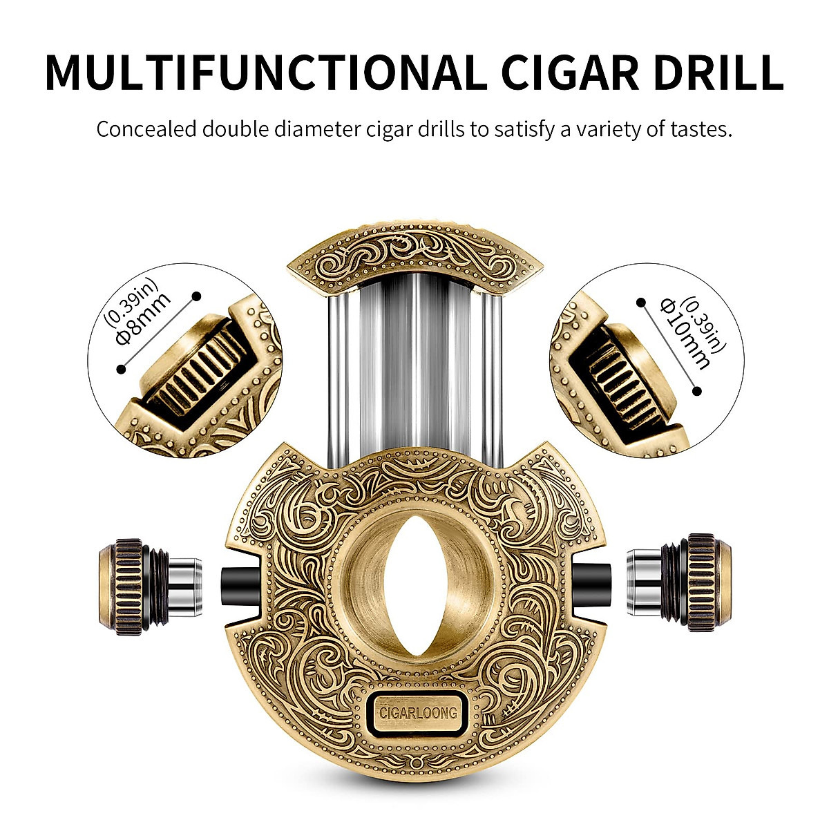 CIGARLOONG Cigar Punch Cutter Bronze Engrave Double Size Drill Cigar Hole Cutter(Silver1)
