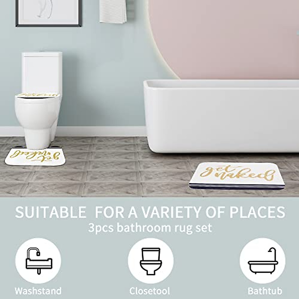 Karlesi 4Pcs Shower Curtain Set with Non-Slip Rug, Toilet Lid Cover and Bath Mat, Funny Get Naked Shower Curtain with 12 Hooks for Bathroom Decoration