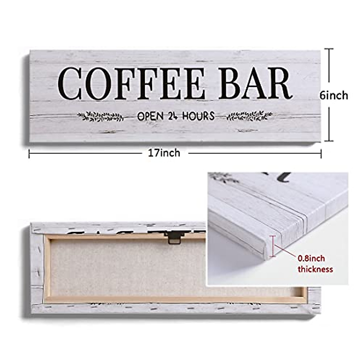 Coffee Bar Signs Docer with Grey Wood Grain, Canvas Coffee Wall Art Rustic Home Decor Coffee Bar Accessories Set for Home Bar Kitchen Living Room Pub Store Room Wall Decor 6"x 18"
