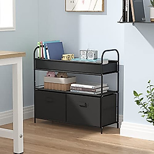 Sywhitta 3-Tier Closet Storage Organizer, Shelves with 2 Foldable Cubes, Multi-Functional Metal Rack, Black