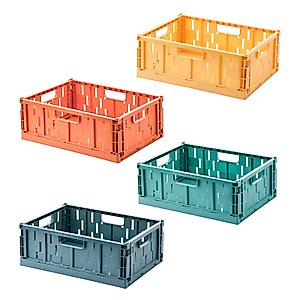 Klyuqoz Pastel Crates, 4 Pack Storage Crates Plastic Stackable, Medium Size(9.6 x 7.3 x 3.5 in), Desktop Storage Crates Folding for Home Office Bedroom.Blue, Yellow, Green, Orange