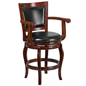Flash Furniture Vestina 26'' High Cherry Wood Counter Height Stool with Arms, Panel Back and Black LeatherSoft Swivel Seat