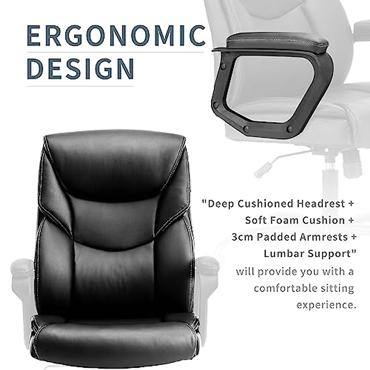 Sweetcrispy Office Chair - High Back Executive Leather Desk Chairs with Flip-up Arms (Fixed Armrest, Black)