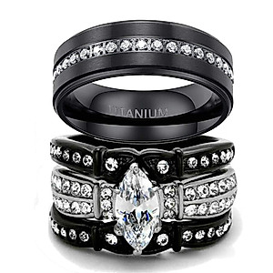 LOVERSRING His and Hers Couple Ring Bridal Set His Hers 3pc Women Black Gold Filled Cz Man Titanium Wedding Ring Band Set