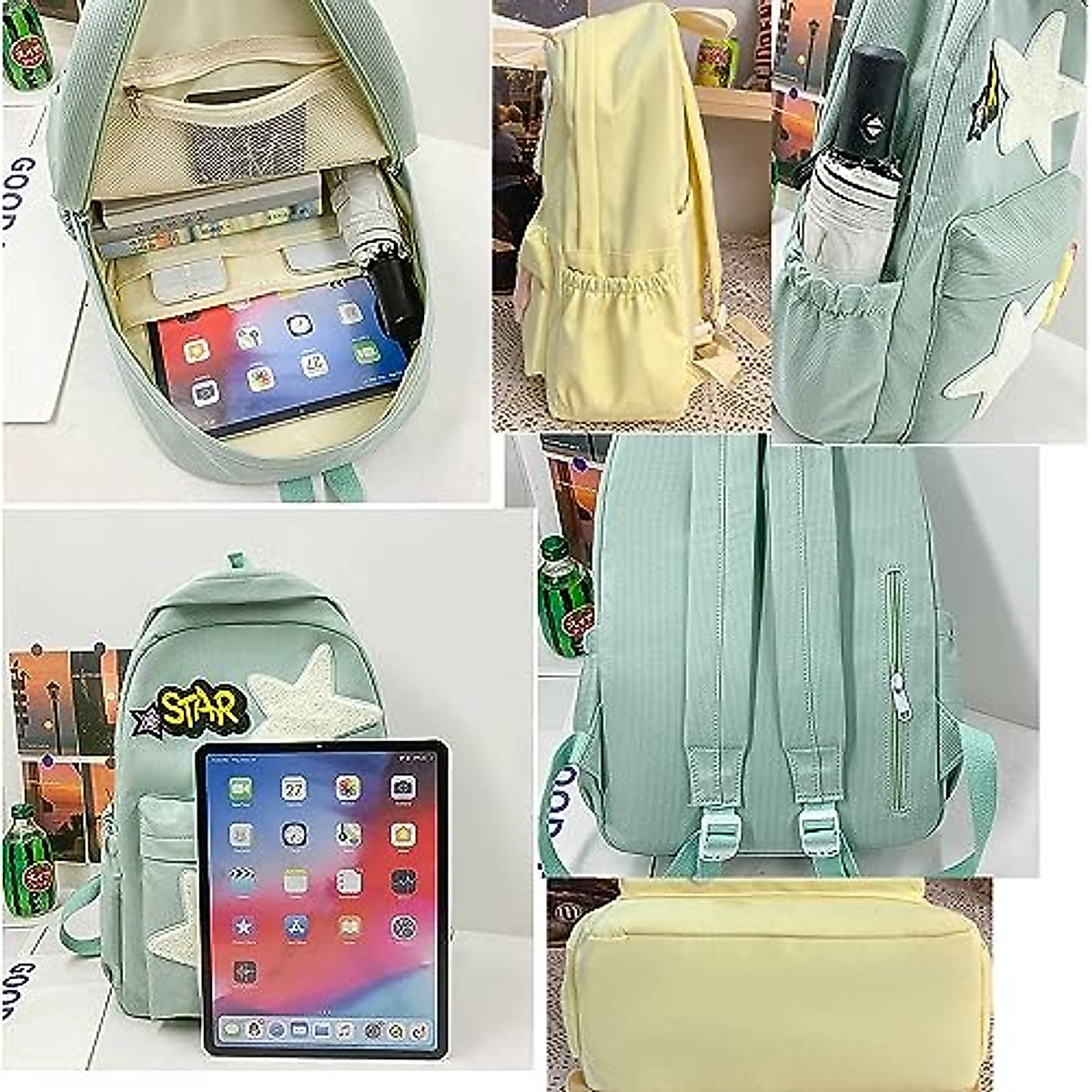 LELEBEAR Y2k Backpack for Women, Kawaii Star Backpack Aesthetic Backpack Casual Daypack for Hiking Travel (Green)