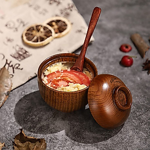 CALLARON Wood Bowl with Lid Traditional Japanese Style Noodle Rice Miso Soup Bowls Food Serving Bowl Soup Bowl Salad Bowl Rice Bowl