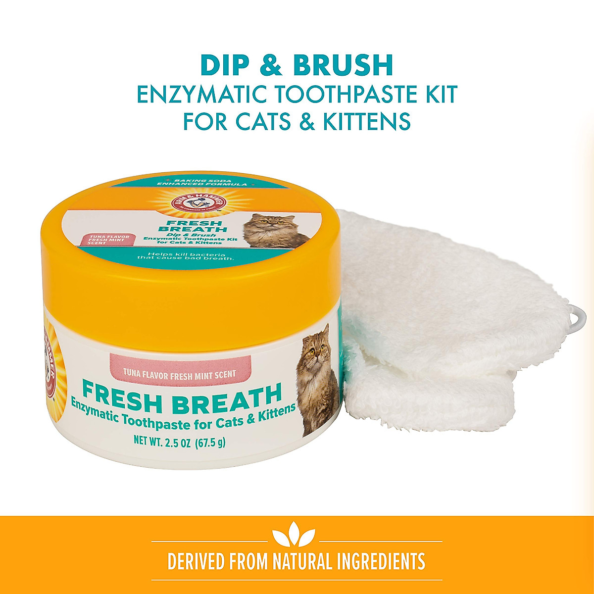 Arm & Hammer Dip & Brush Fresh Breath Enzymatic Toothpaste Kit for Cats and Kittens with 2 Microfiber Finger Bushes, 2.5 Ounces, Tuna Flavor | Cat Dental Care Kit