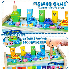 WOODMAM Montessori Toys for 1 Year Old, 7-in-1 Wooden Hammering Pounding Toy with Xylophone and Magnetic Fishing Game, Educational Gift for Boys and Girls 1 Year Old